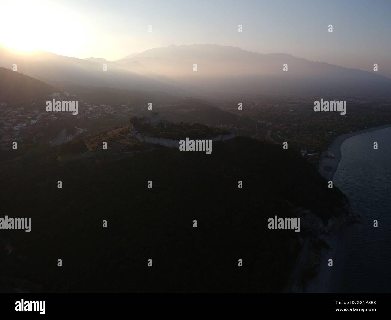 Aerial panoramic view of the famous castle of Platamonas. Its a ...