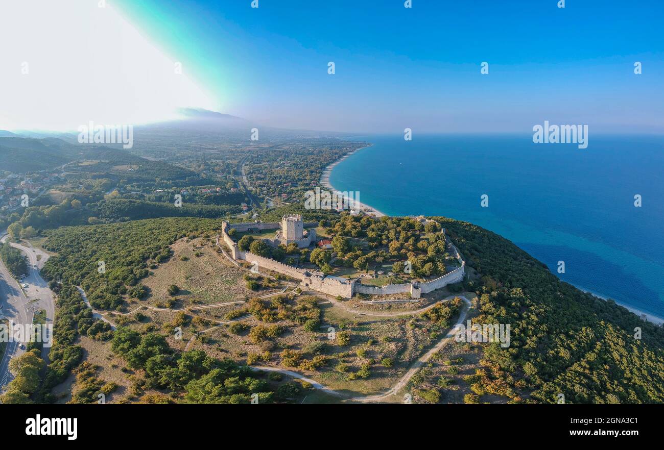 Aerial panoramic view of the famous castle of Platamonas. Its a ...