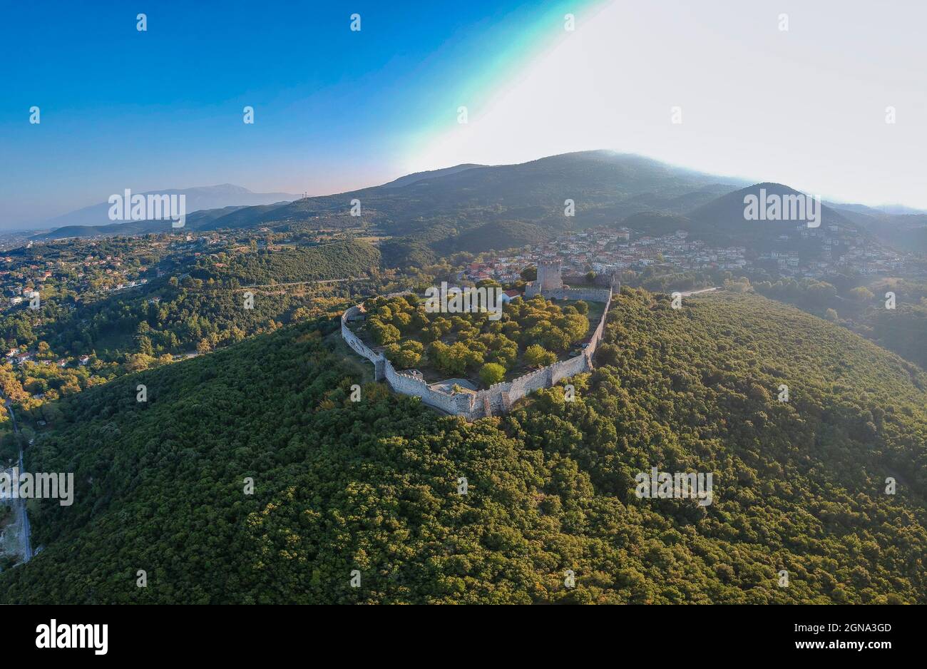 Aerial panoramic view of the famous castle of Platamonas. Its a ...