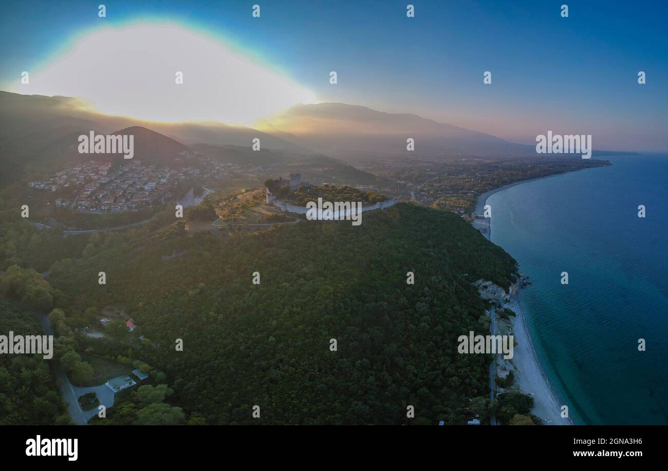Aerial panoramic view of the famous castle of Platamonas. Its a ...