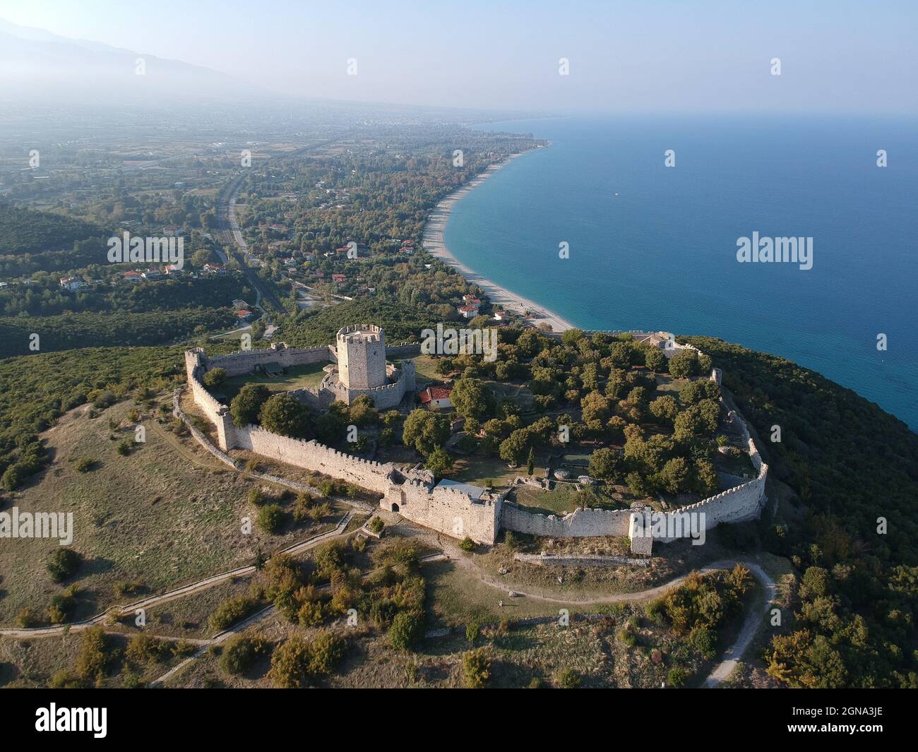 Aerial panoramic view of the famous castle of Platamonas. Its a ...