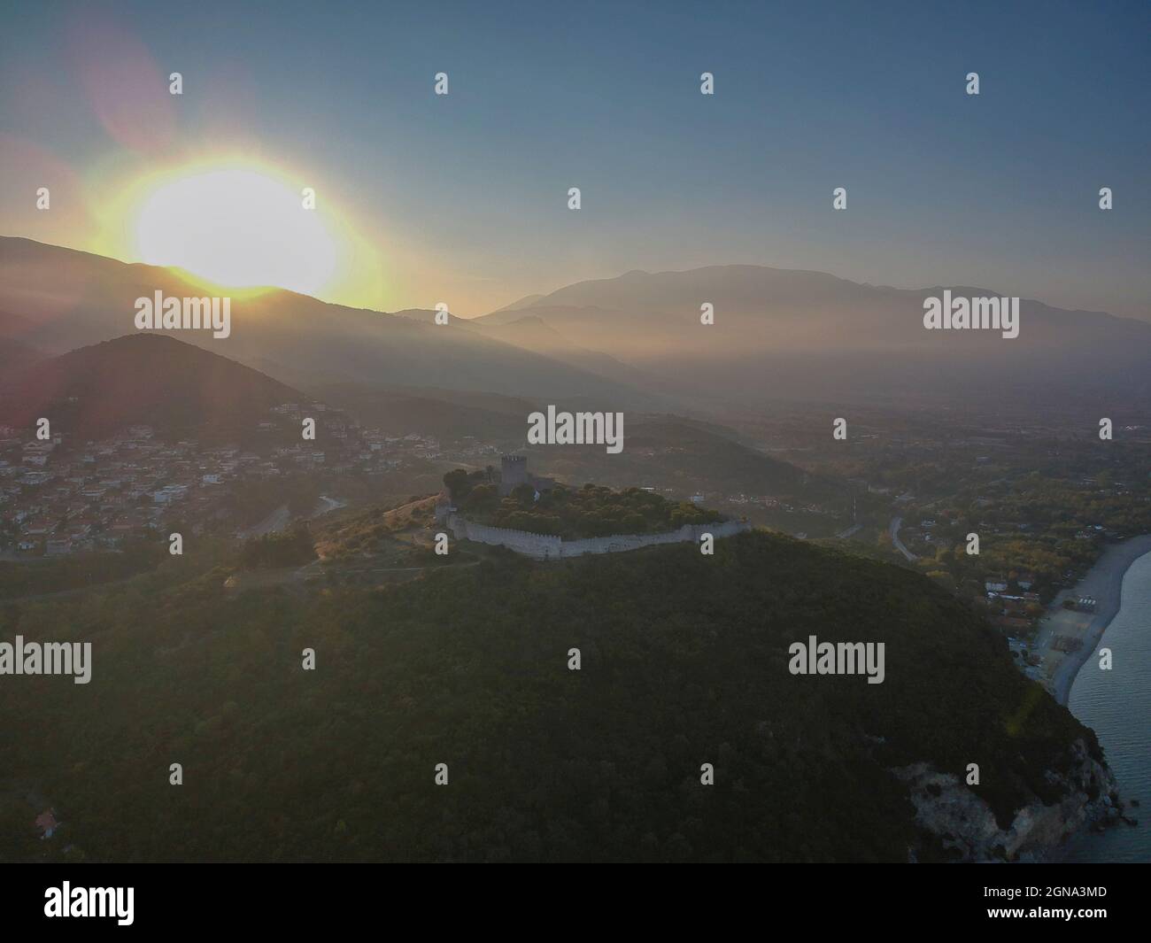 Aerial panoramic view of the famous castle of Platamonas. Its a ...