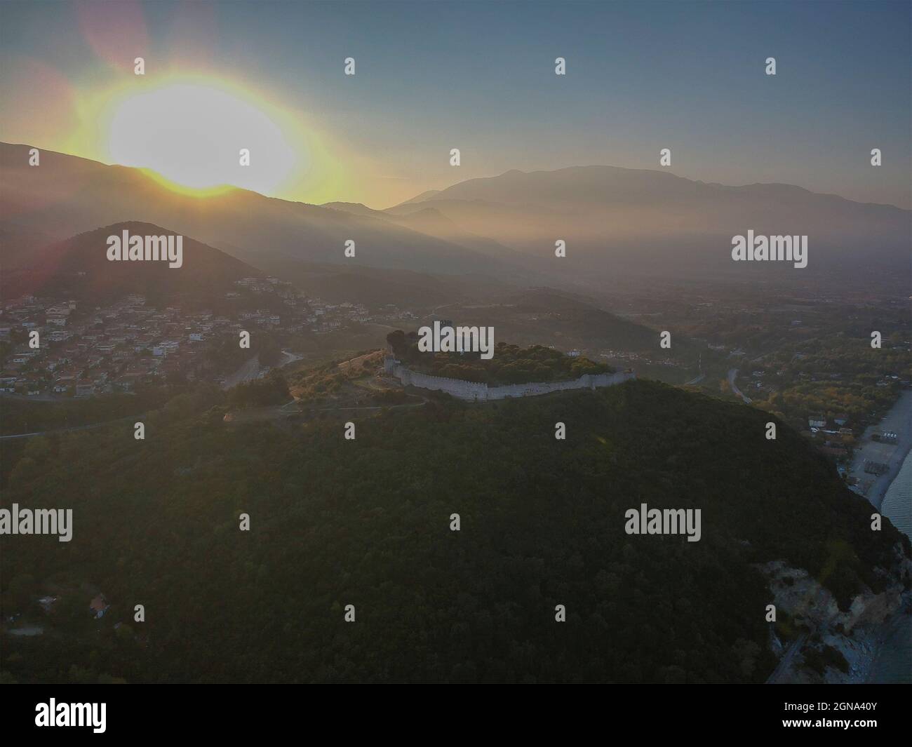 Aerial panoramic view of the famous castle of Platamonas. Its a ...
