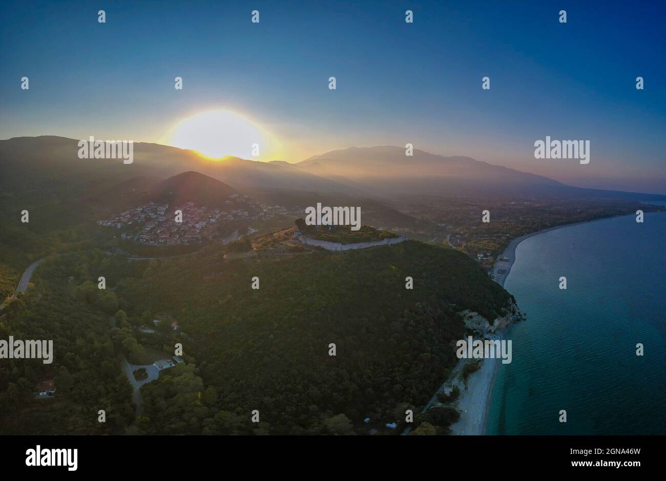 Aerial panoramic view of the famous castle of Platamonas. Its a ...