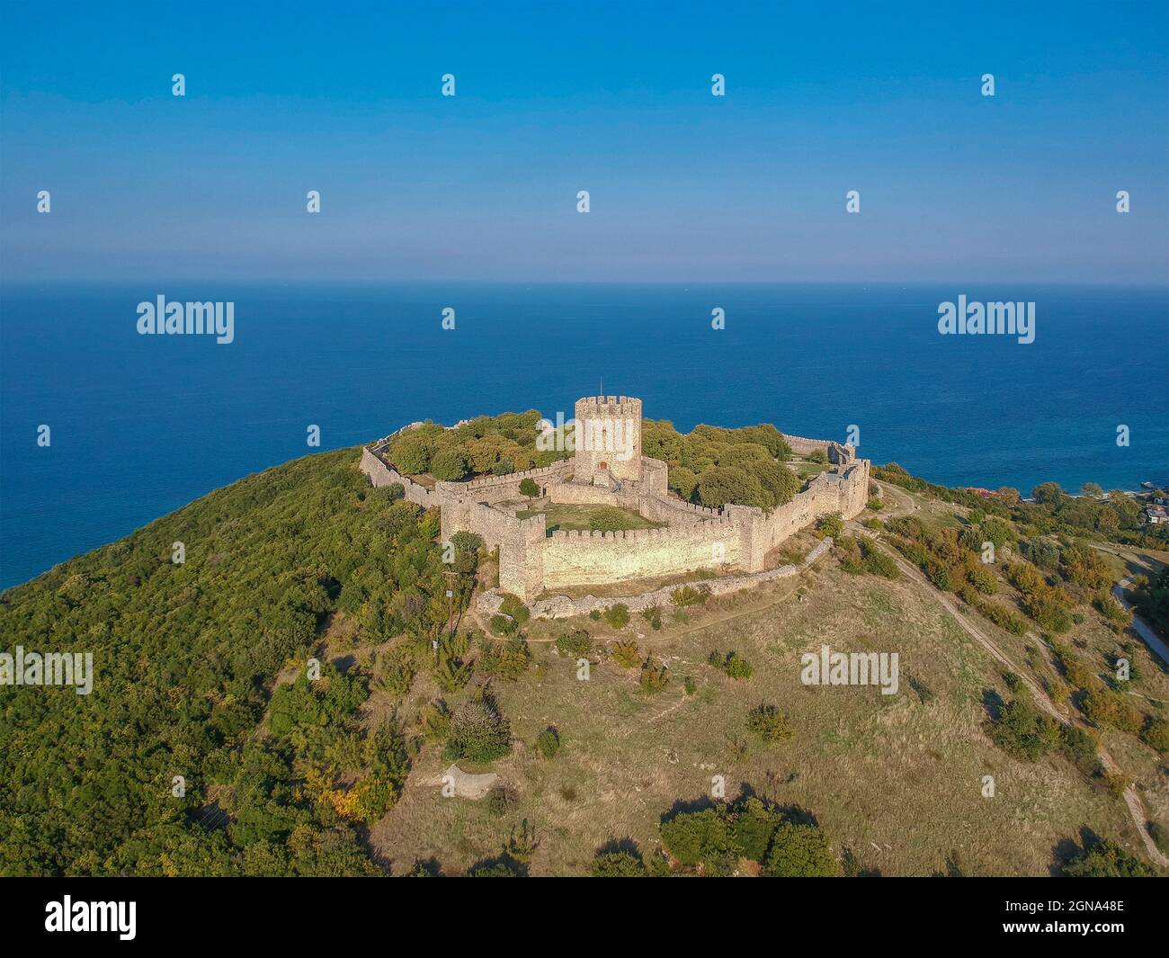 Aerial panoramic view of the famous castle of Platamonas. Its a ...