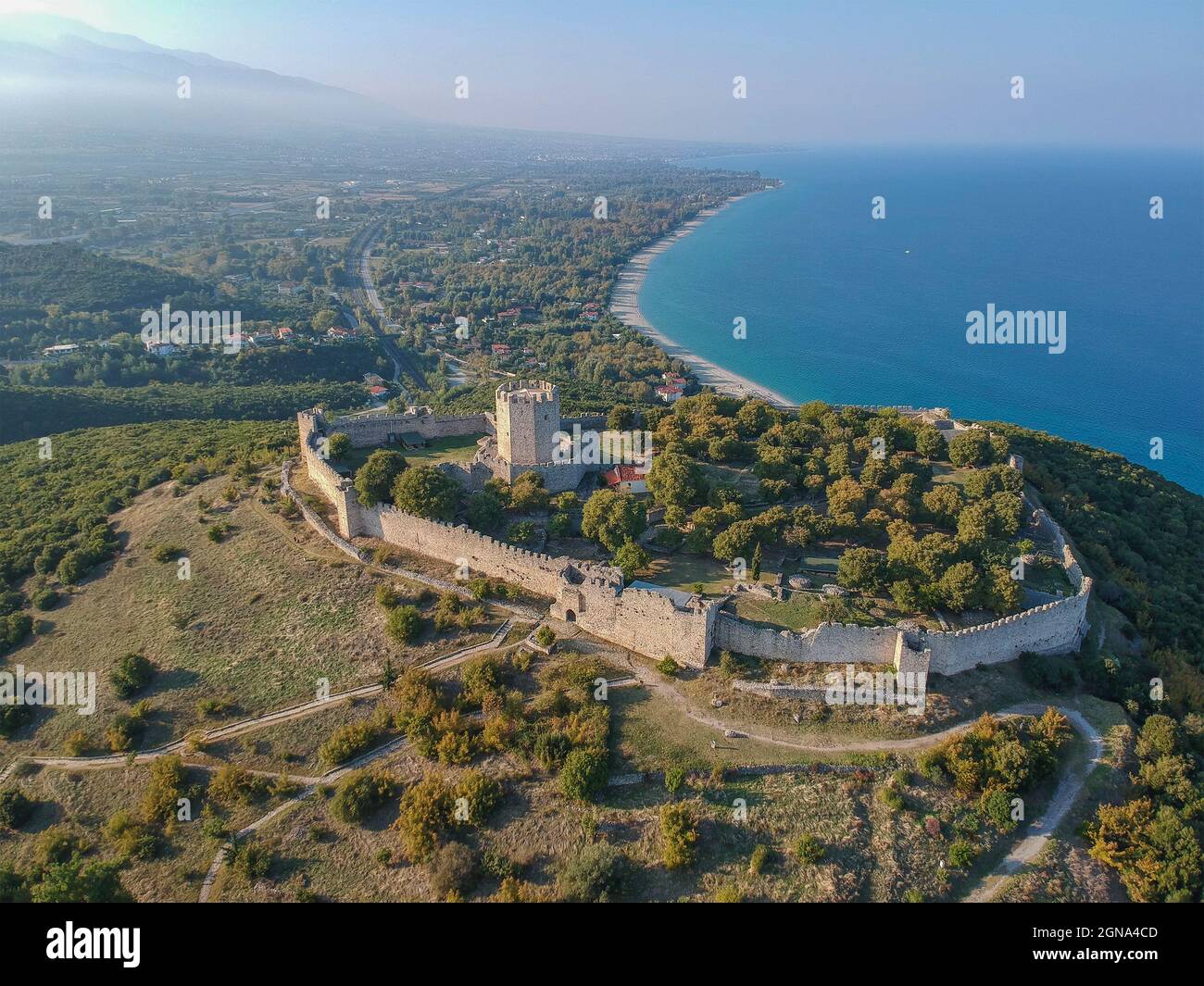 Aerial panoramic view of the famous castle of Platamonas. Its a ...