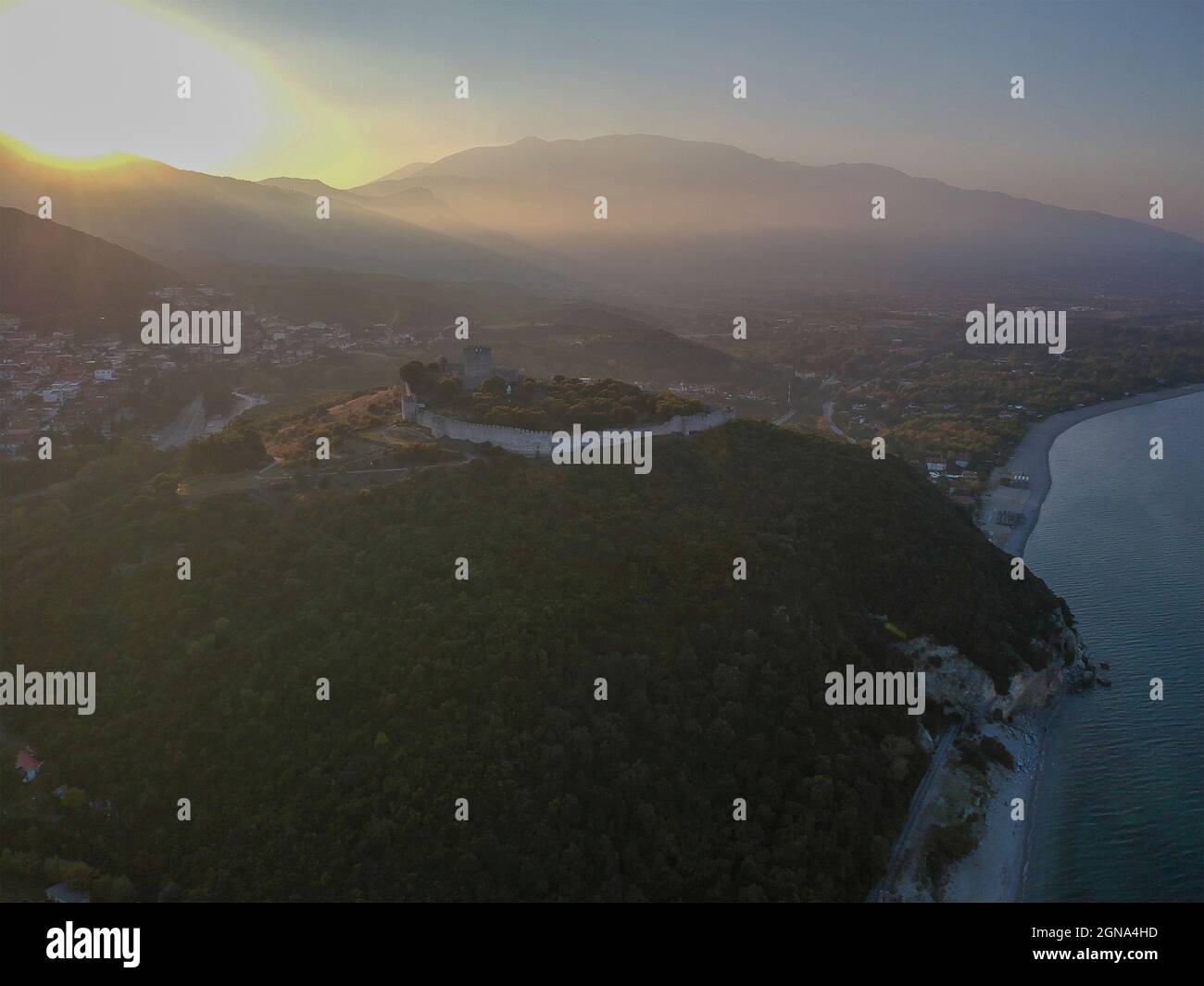 Aerial panoramic view of the famous castle of Platamonas. Its a ...