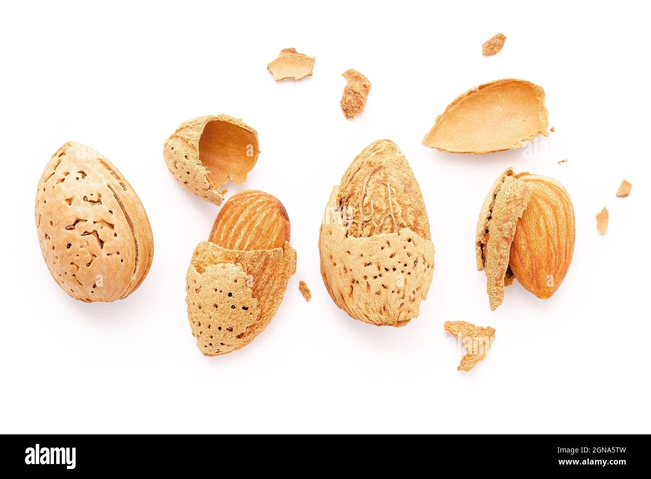 Close up group of almonds nut with shell and cracked almonds shell ...