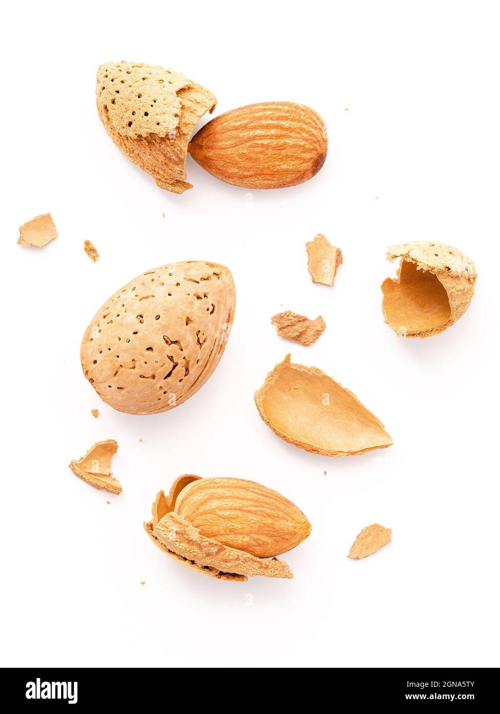 Close up group of almonds nut with shell and cracked almonds shell ...