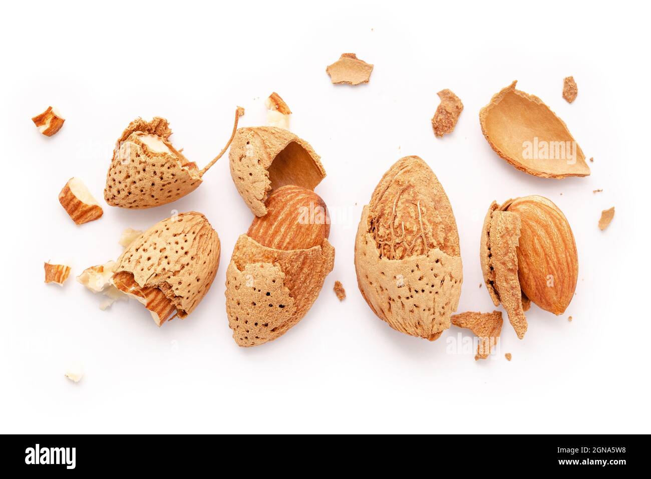 Close up group of almonds nut with shell and cracked almonds shell ...
