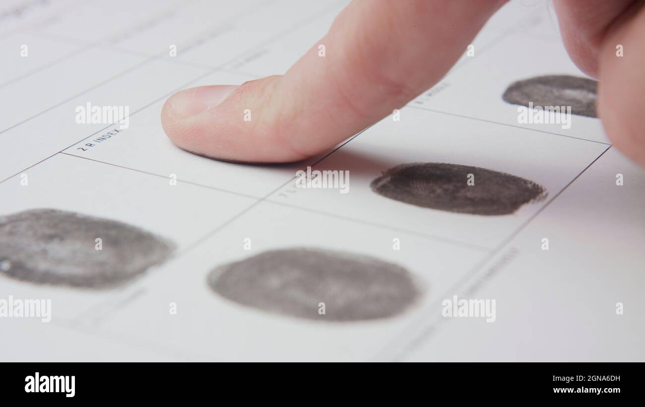 Close up macro of fingerprint registration form filling finger ink ...
