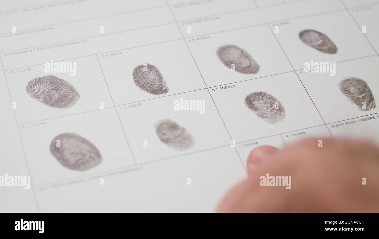 Close up macro of fingerprint registration form filling finger ink ...