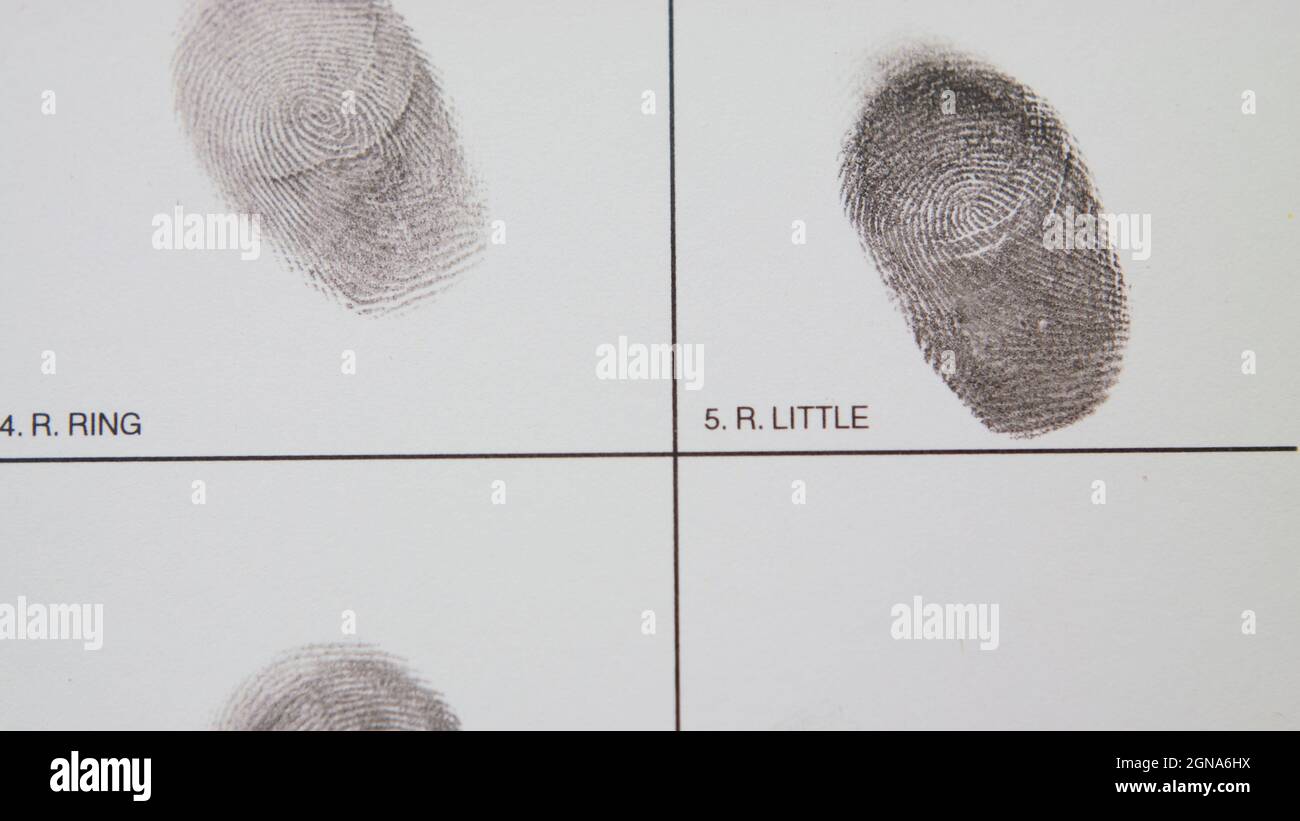 Close up macro of fingerprint registration form filling finger ink ...