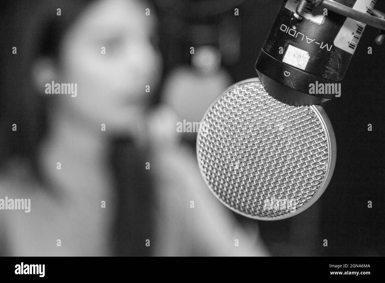 close up radio podcast microphone cabin recording studio broadcast ...