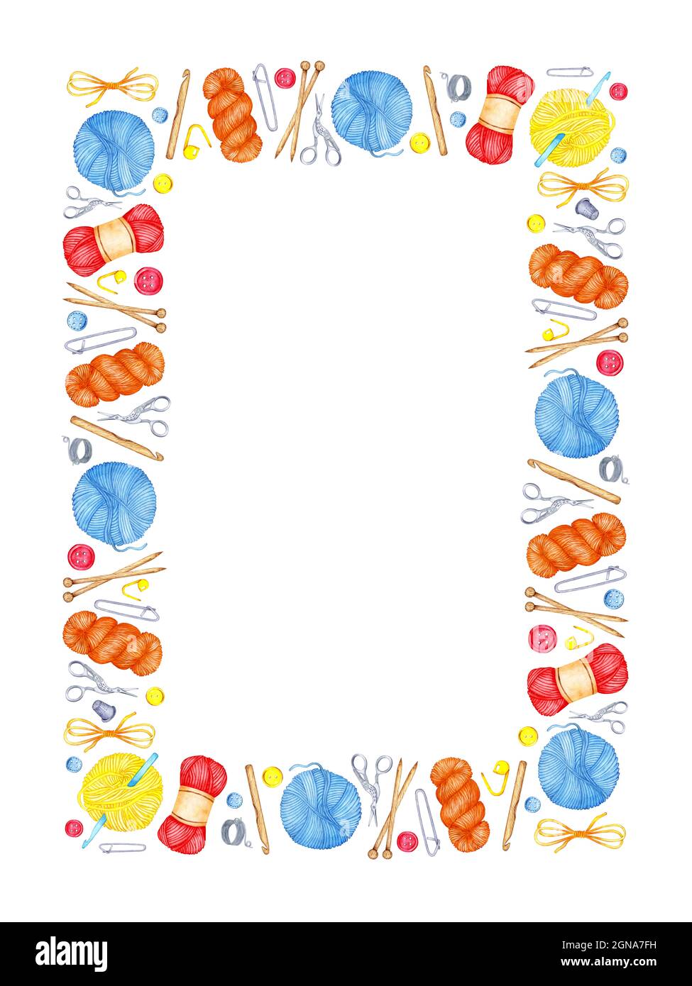 Watercolor frame for knitting with tools: knitting needles, crochet ...