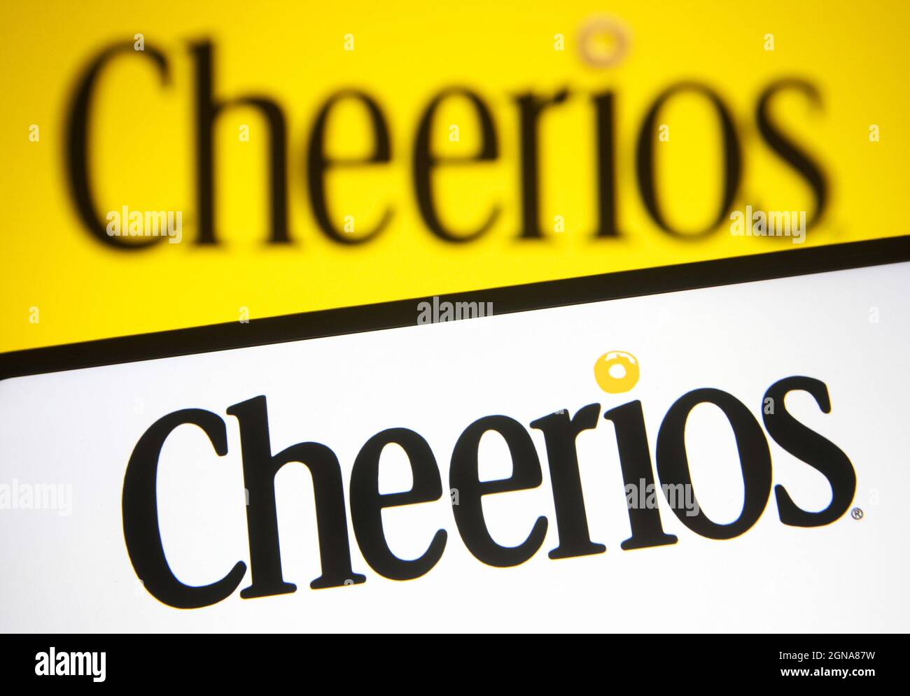 In this photo illustration a Cheerios logo is seen on a smartphone and ...