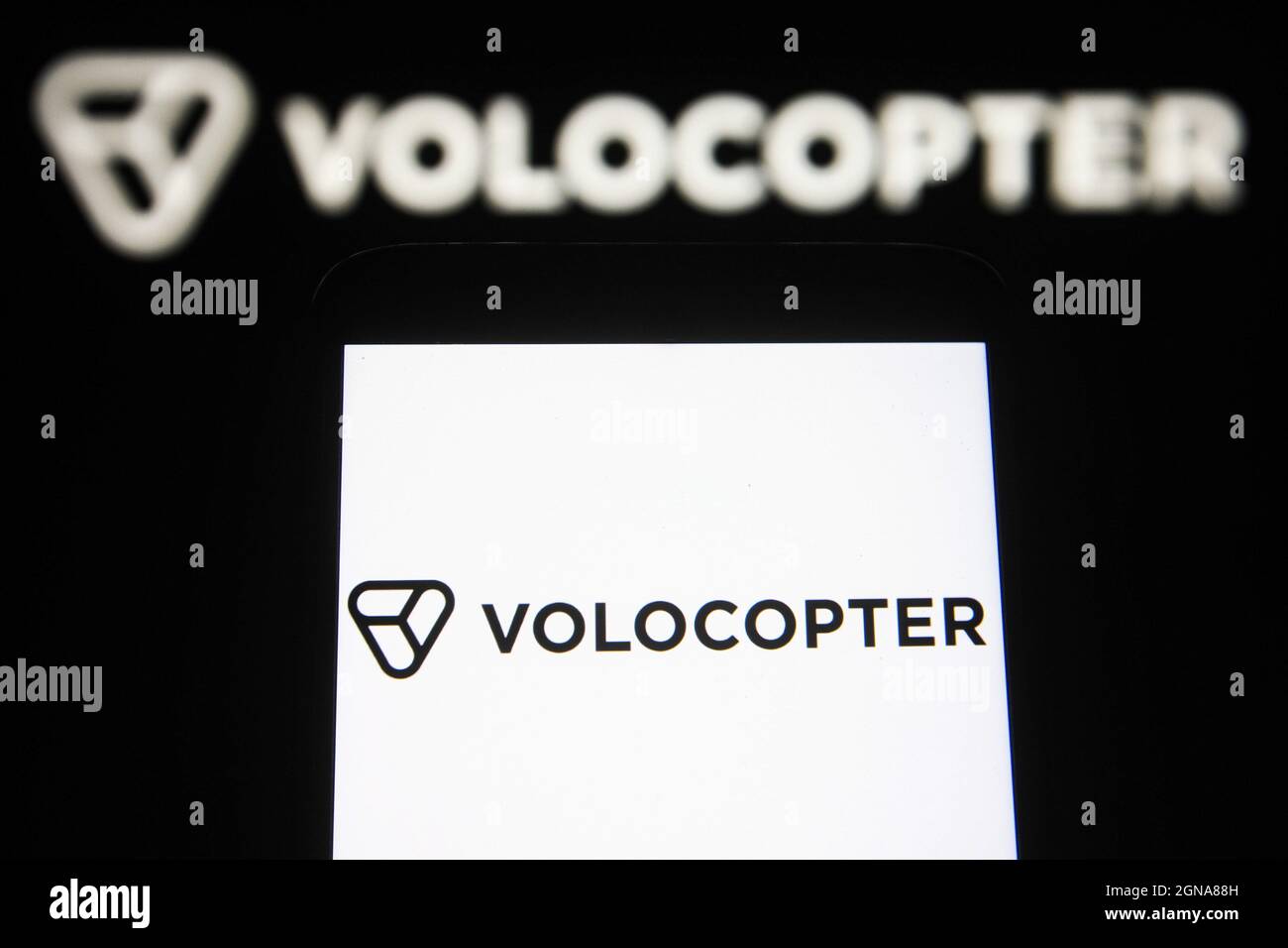 In this photo illustration a Volocopter GmbH logo of a German aircraft ...