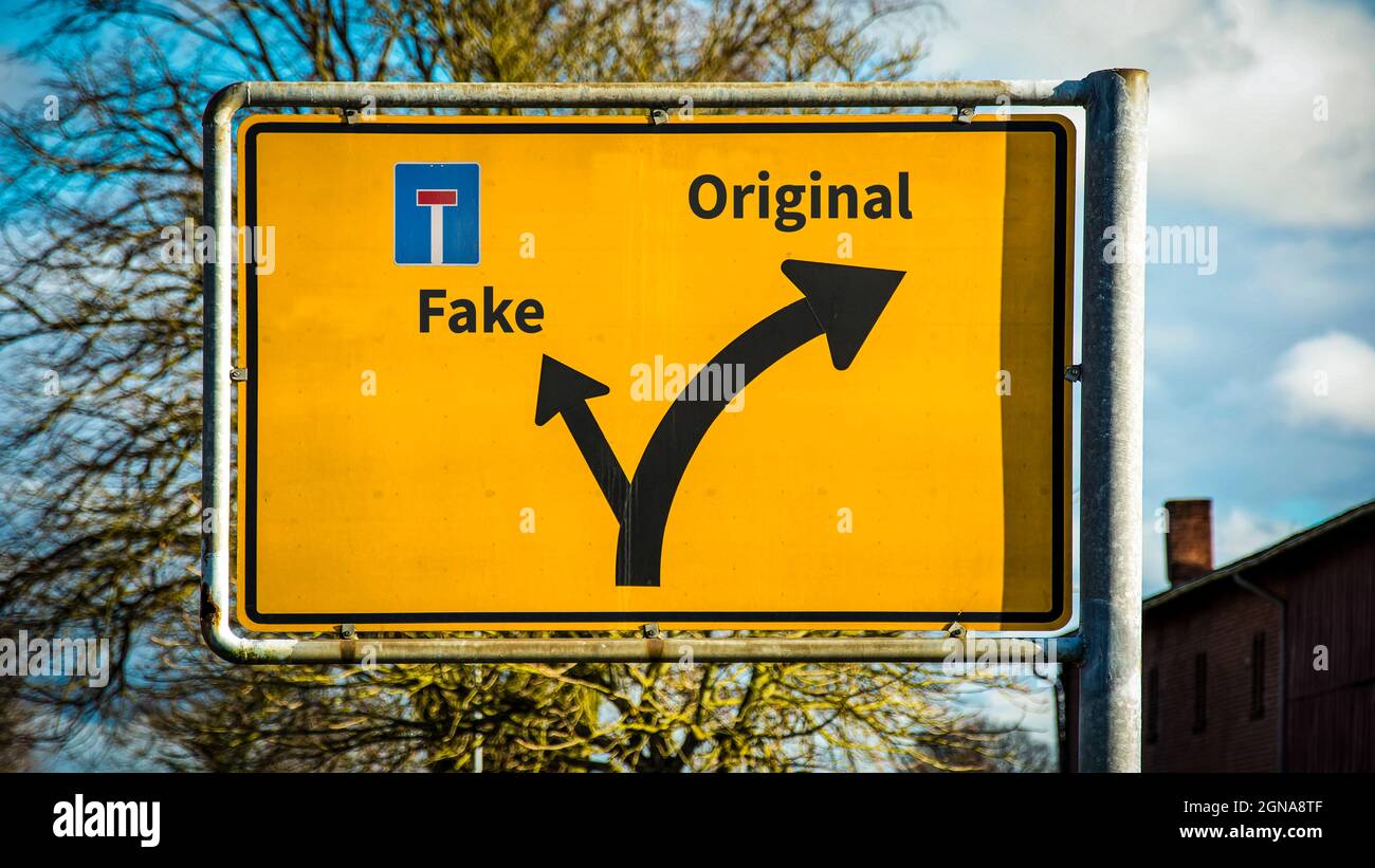 Street Sign the Direction Way to Original versus Fake Stock Photo - Alamy