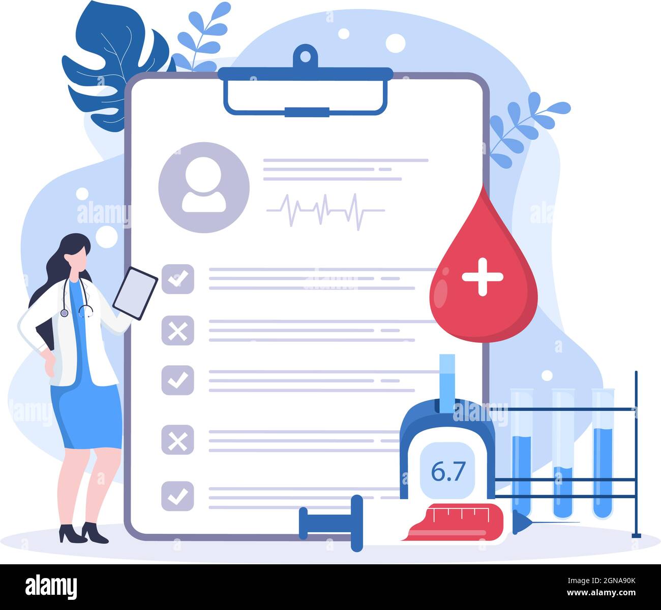 Diabetes Testing with Blood Glucose Meter, Exam Results, Tubes, Syringe ...