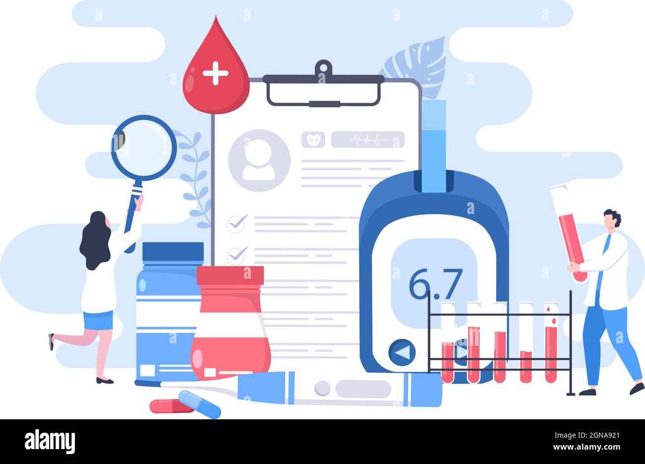 Diabetes Testing with Blood Glucose Meter, Exam Results, Tubes, Syringe ...