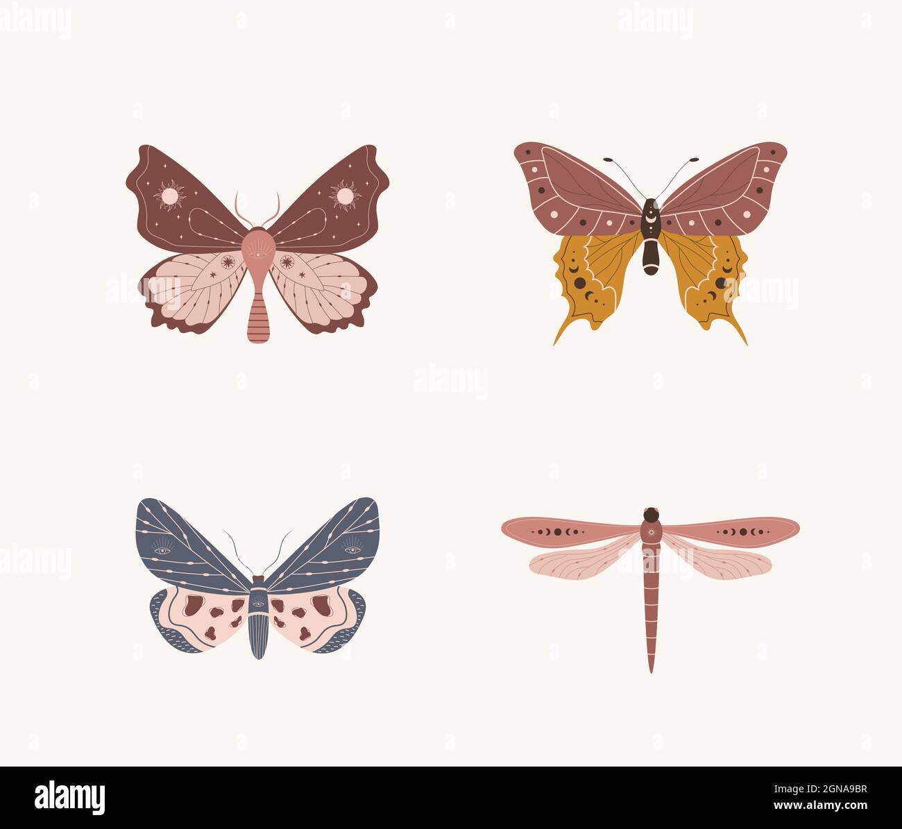 Boho butterfly collection. Set of insects with celestial elements ...