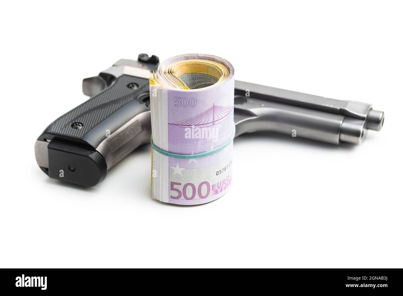 Hand gun and euro banknotes isolated on white background Stock Photo ...