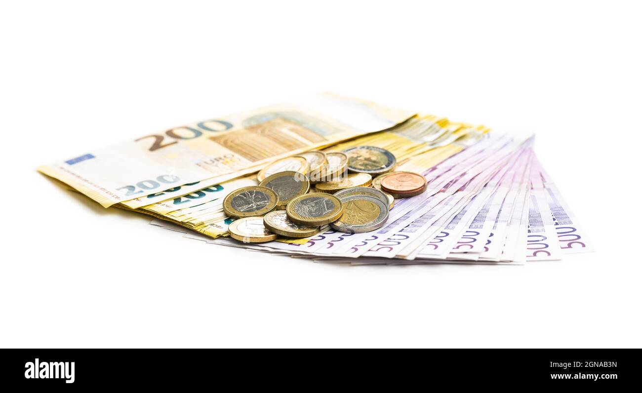 Euro banknotes and coins isolated on white background Stock Photo - Alamy
