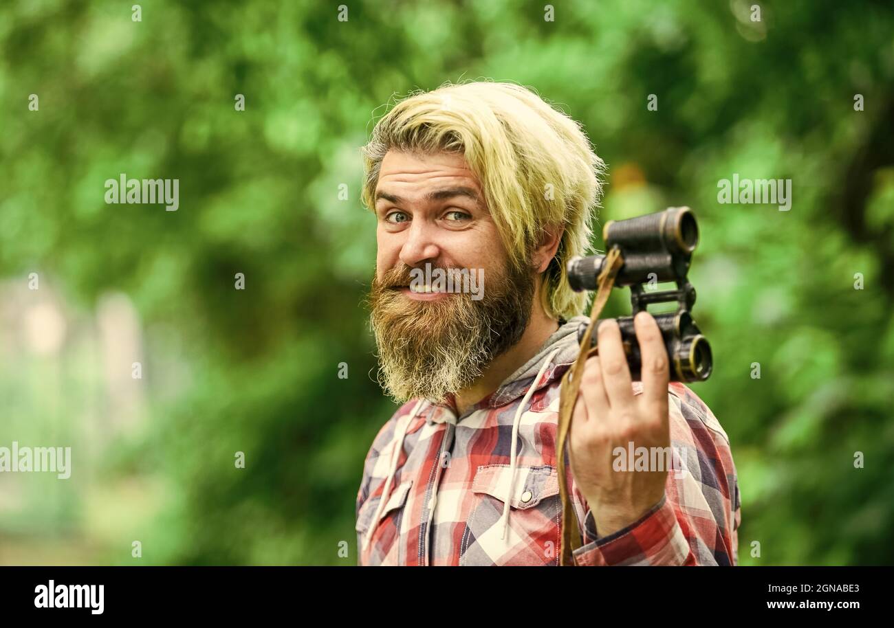 Guy explore environment. Man ornithology expedition in forest. Man ...