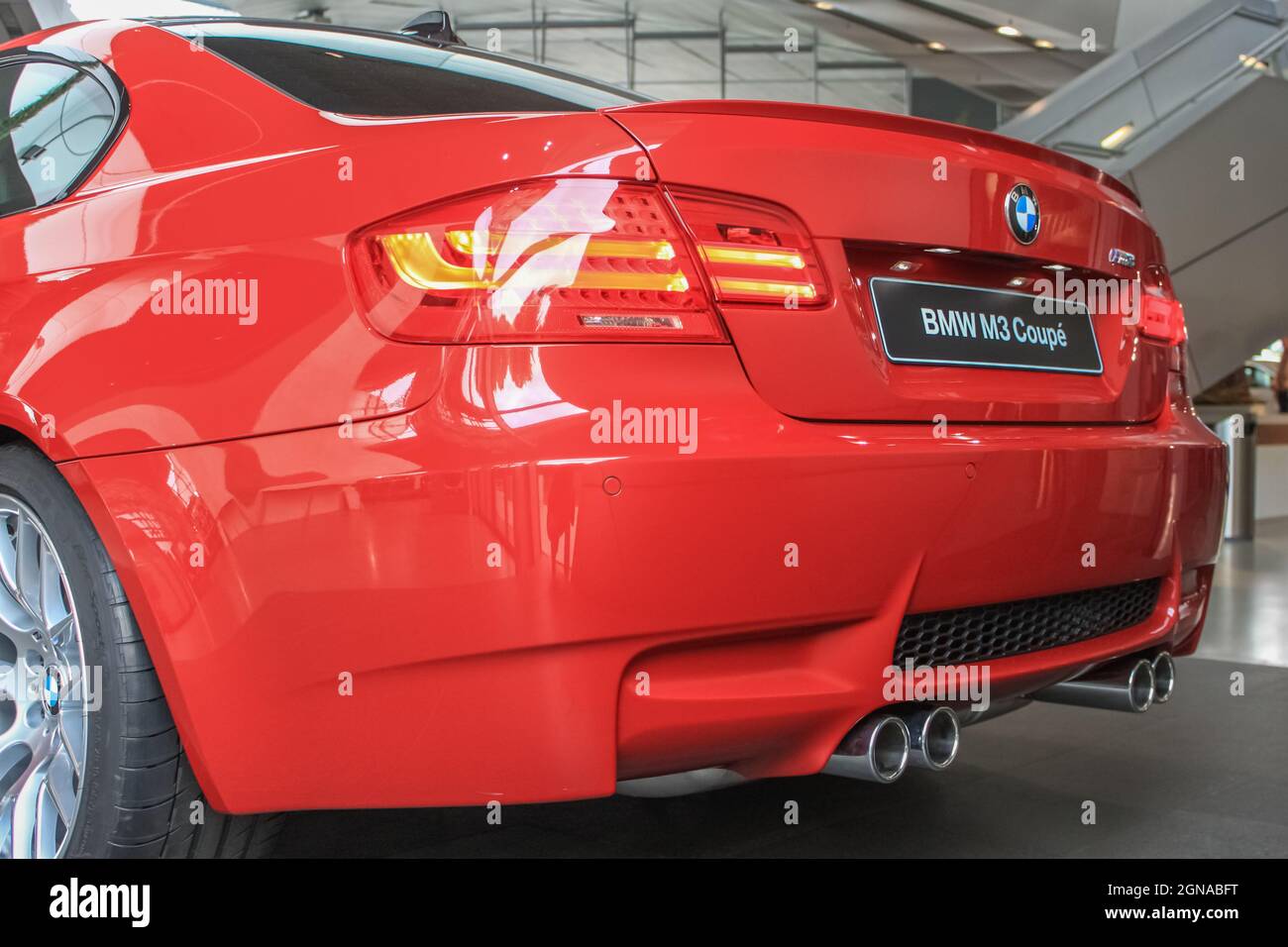 BMW M3 Coupe in E92 body to the showroom of the BMW Museum. Close-up ...