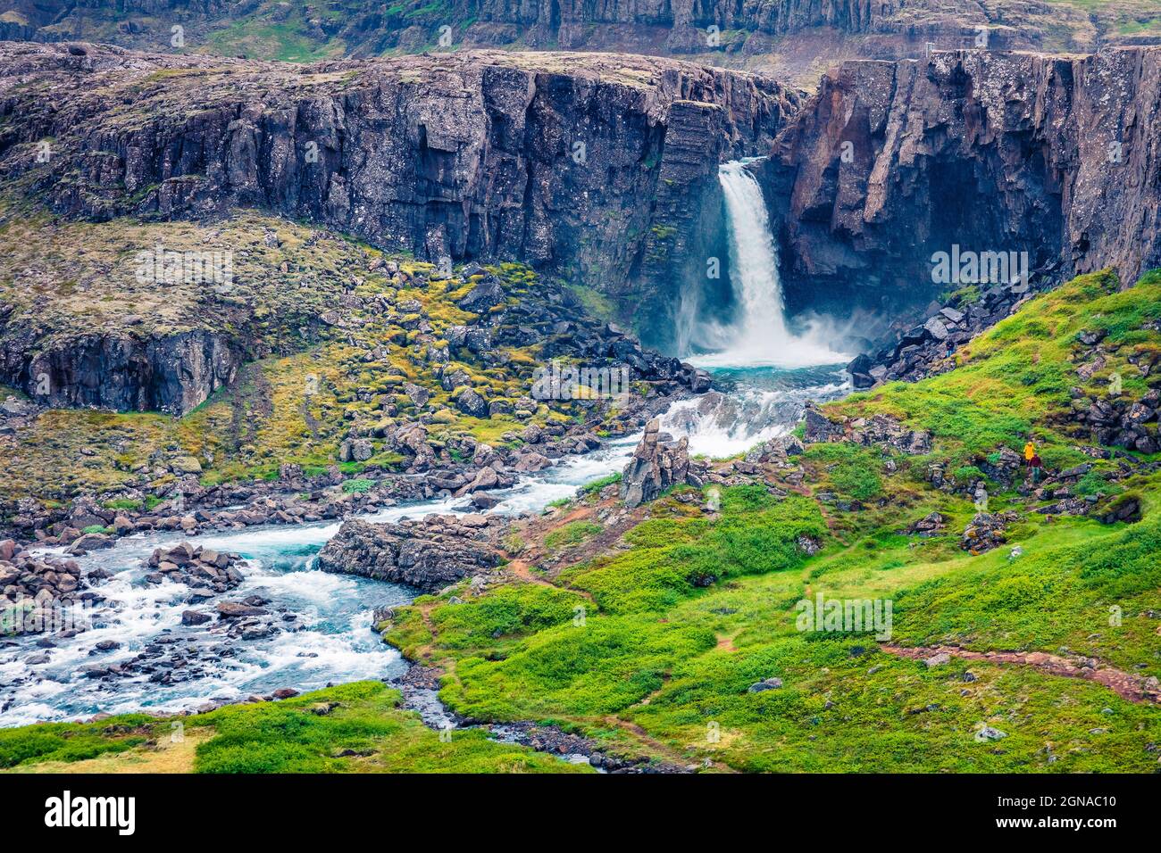 Typical Icelandic landscape in the mountains. Colorful summer morning ...