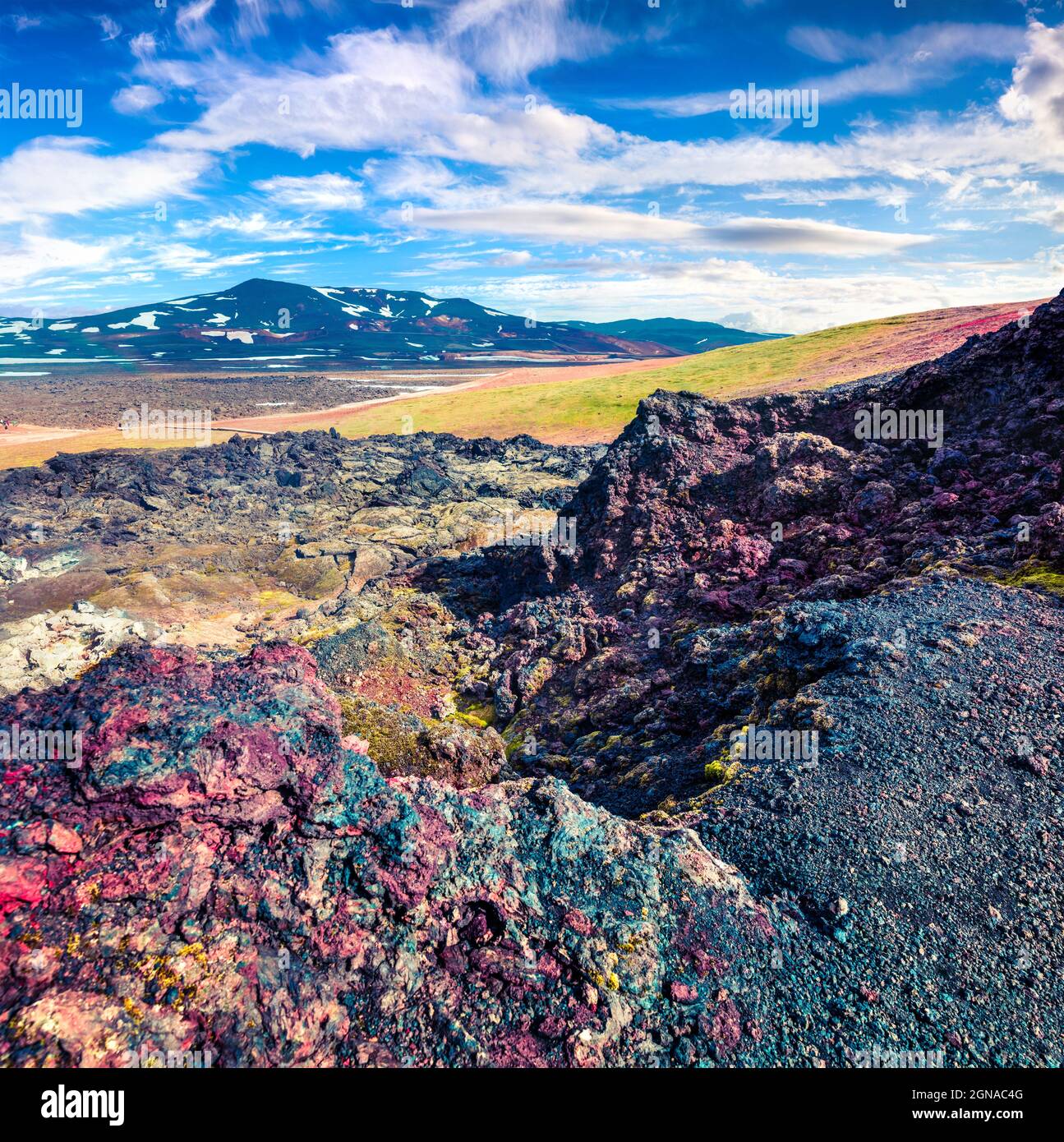 Fields of steamy waters in the Krafla volcano. Colorful exotic ...