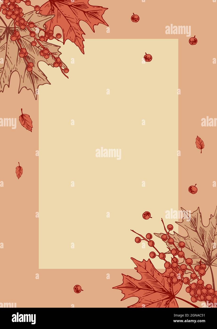 Autumn poster design with red berries and maple leaves. Hand drawn ...