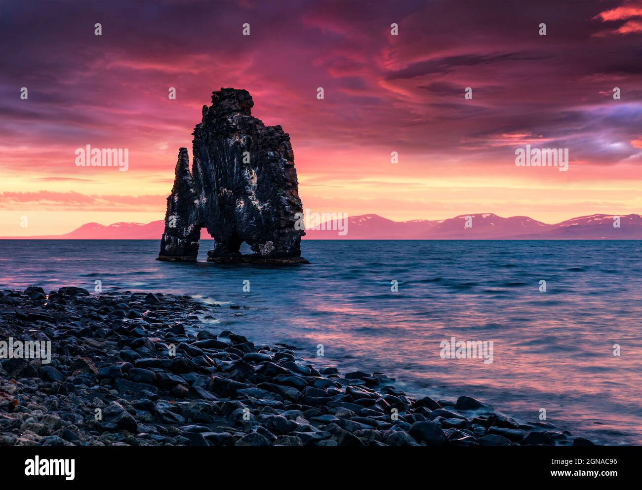 Huge basalt stack Hvitserkur on the eastern shore of the Vatnsnes ...