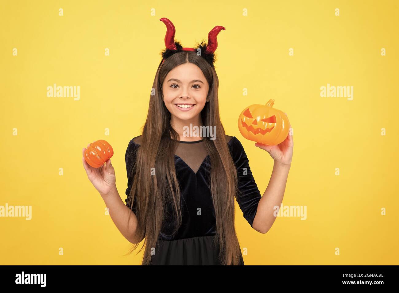 Be so sweet. child in imp horns with jack o lantern. kid wear devil ...