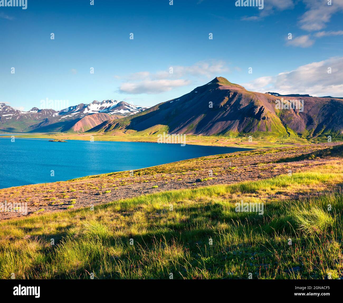 Sunny summer morning in the Icelandic fjords. Colorful seascape near ...