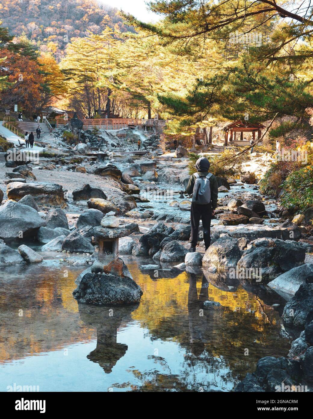 Hot water pond at Kusatsu Onsen in Gunma, Japan. Kusatsu Town is one of ...
