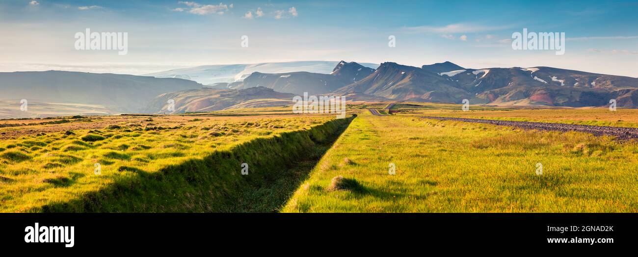 Panorama of the typical icelandic landscape with volcanic mountains ...