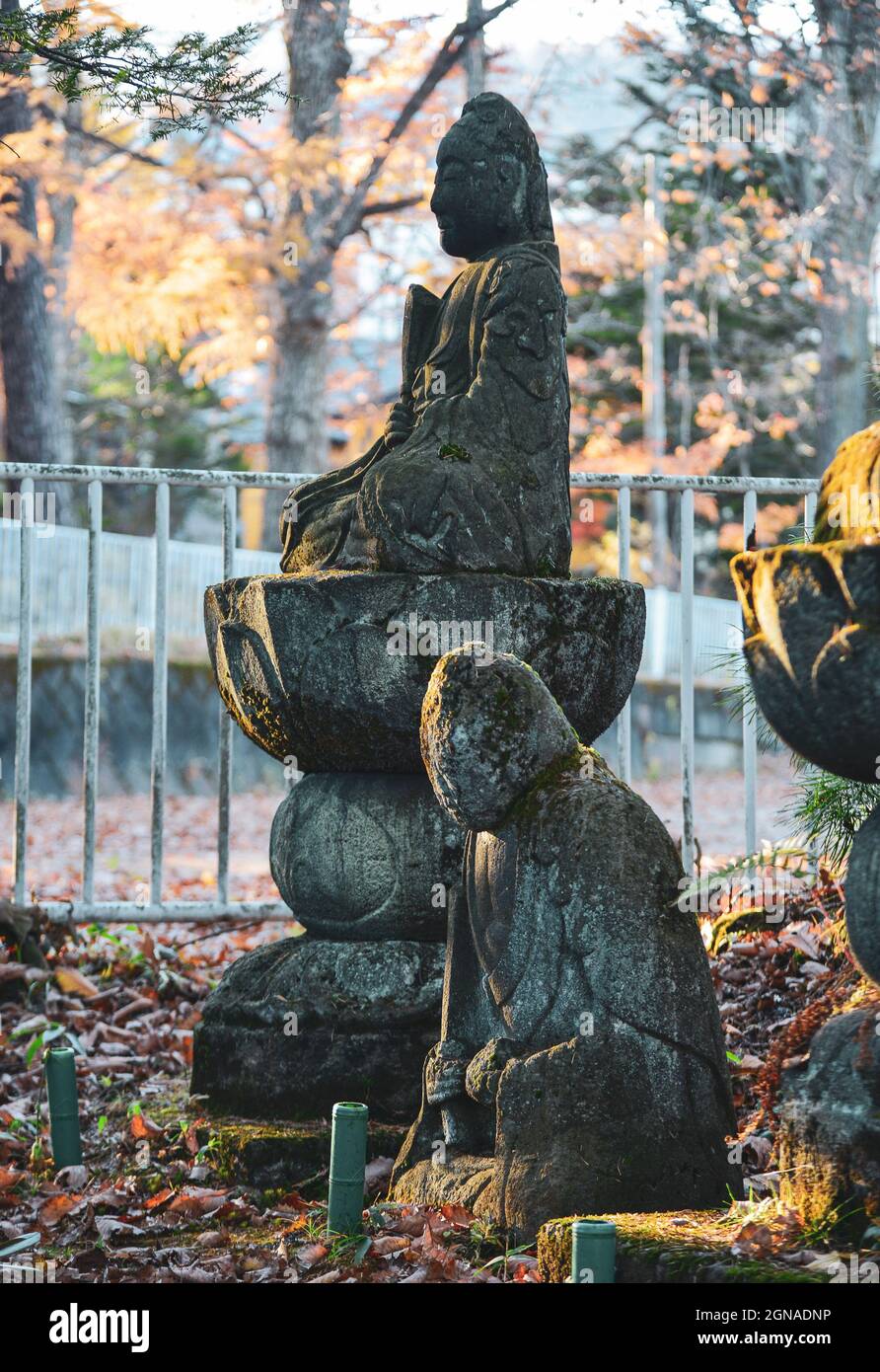 Ancient stone Buddha statue at pagoda garden in autumn Stock Photo - Alamy
