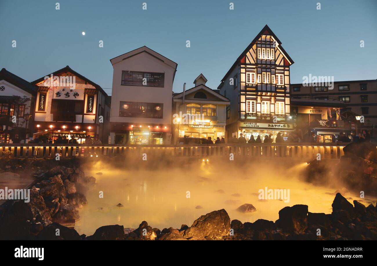 Gunma, Japan - Nov 8, 2019. Night view of Yubatake (Hot Water Field) of ...