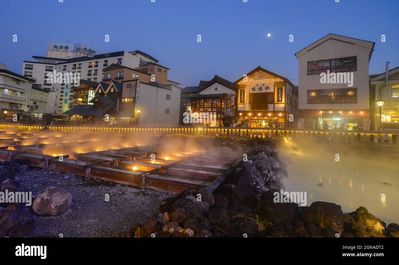 Gunma, Japan - Nov 8, 2019. Night view of Yubatake (Hot Water Field) of ...
