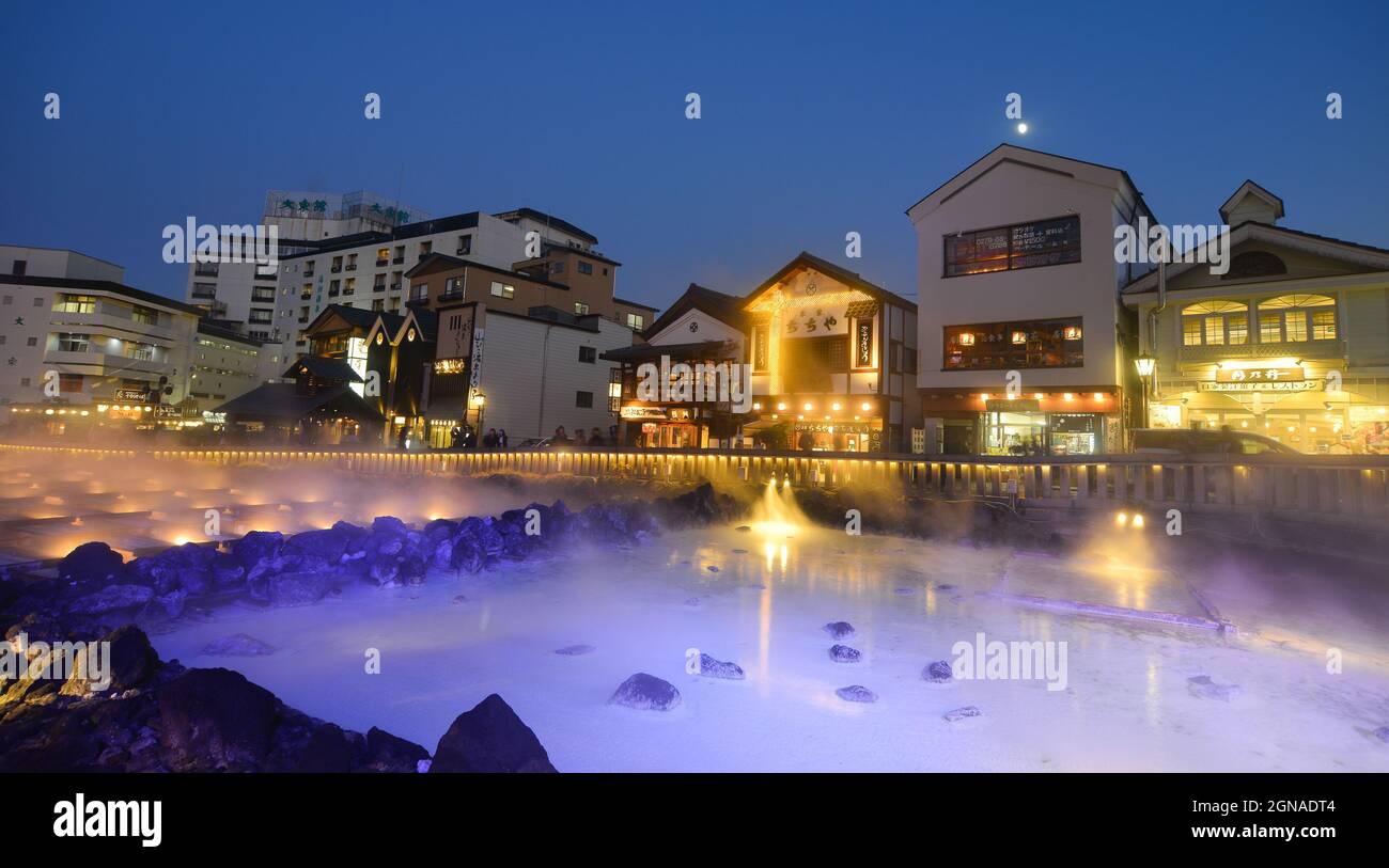 Gunma, Japan - Nov 8, 2019. Night view of Yubatake (Hot Water Field) of ...