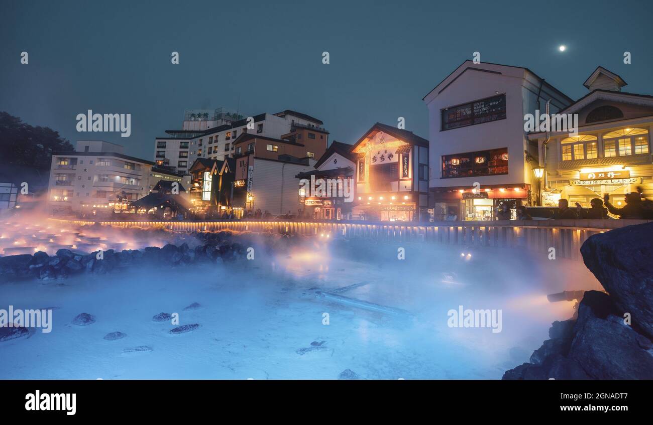 Gunma, Japan - Nov 8, 2019. Night view of Yubatake (Hot Water Field) of ...