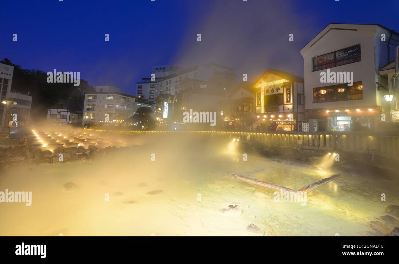 Gunma, Japan - Nov 8, 2019. Night view of Yubatake (Hot Water Field) of ...