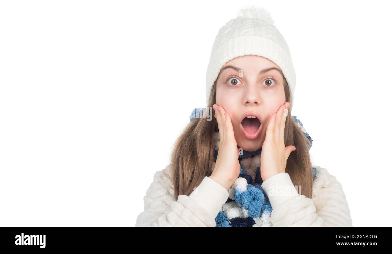 what a surprise. warm clothes. surprised teen girl in winter clothes ...
