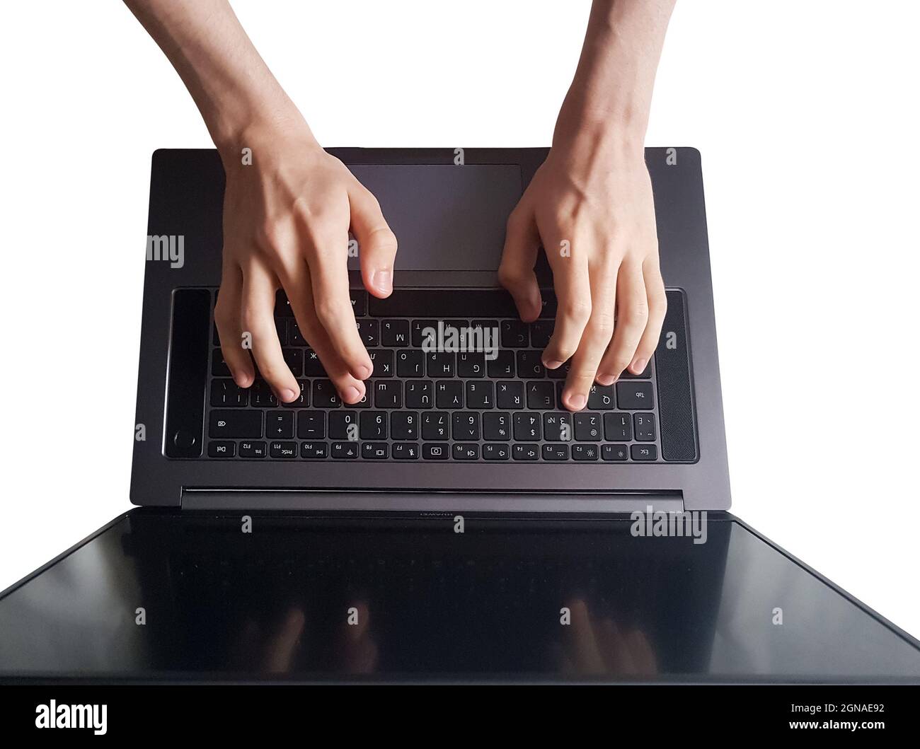 Male hands typing on laptop keyboard isolated on white background Stock ...