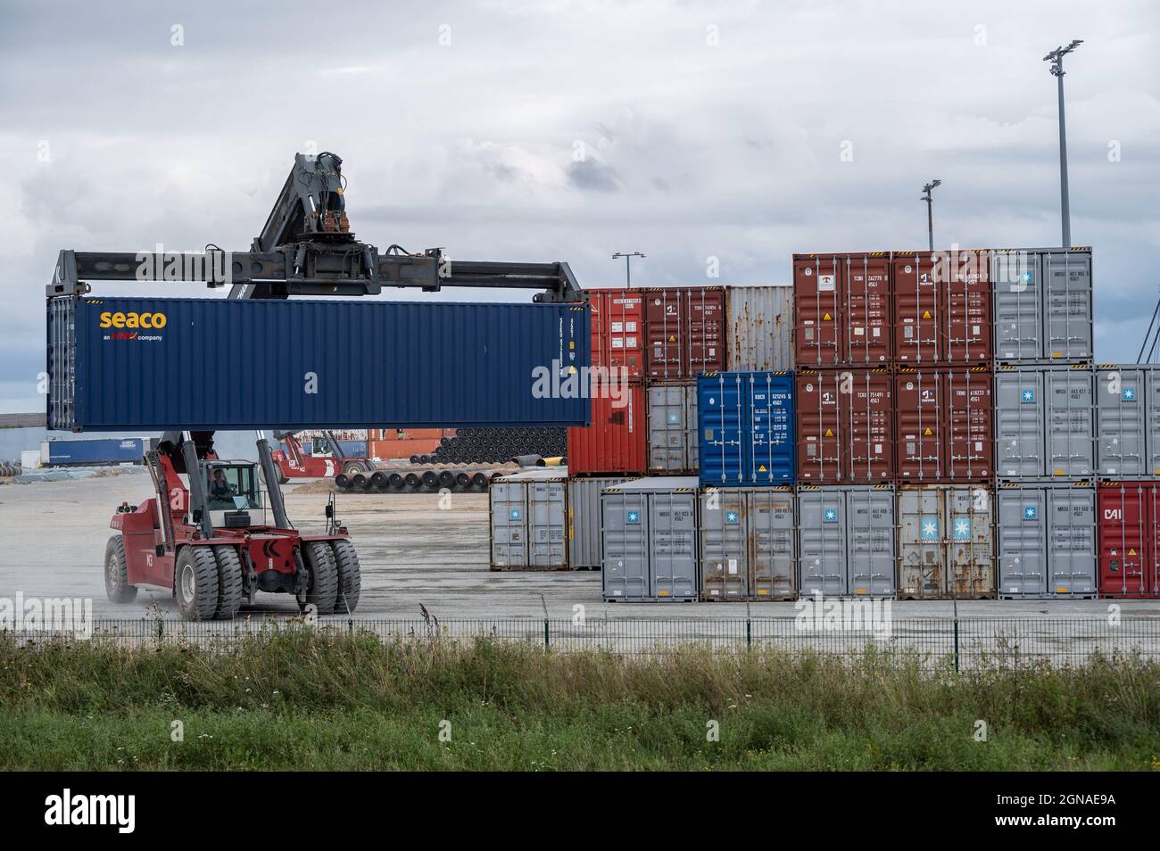 Sassnitz-Mukran, Germany, August 20, 2020: Shunting vehicle is moving a ...