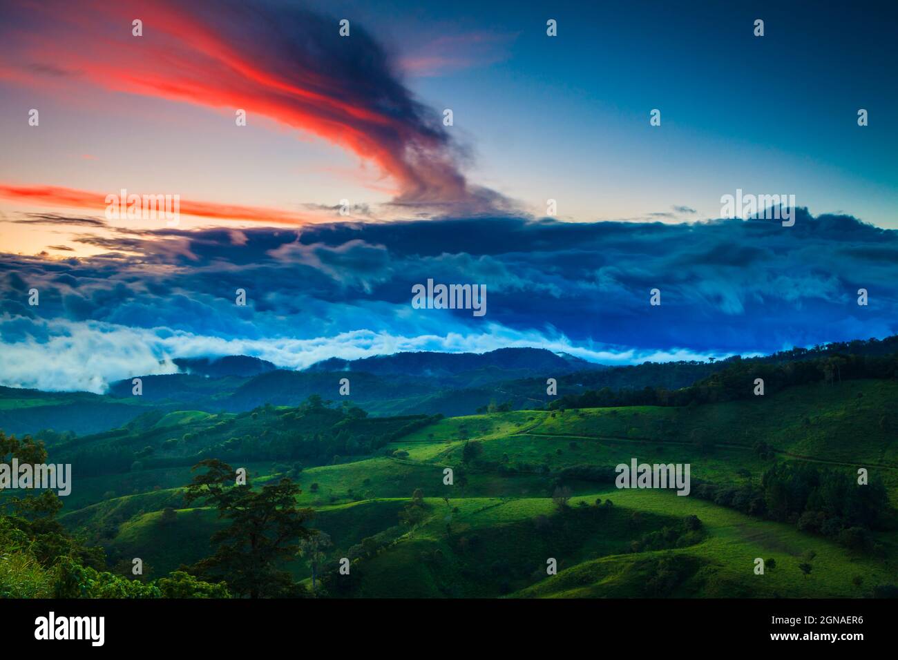 Amazing colorful sunset in the western highlands near the town Volcan ...