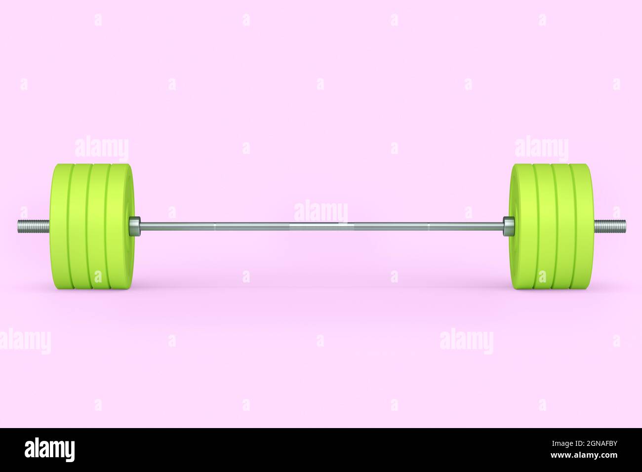 Abstract metal barbell with green disks isolated on pink background. 3d ...
