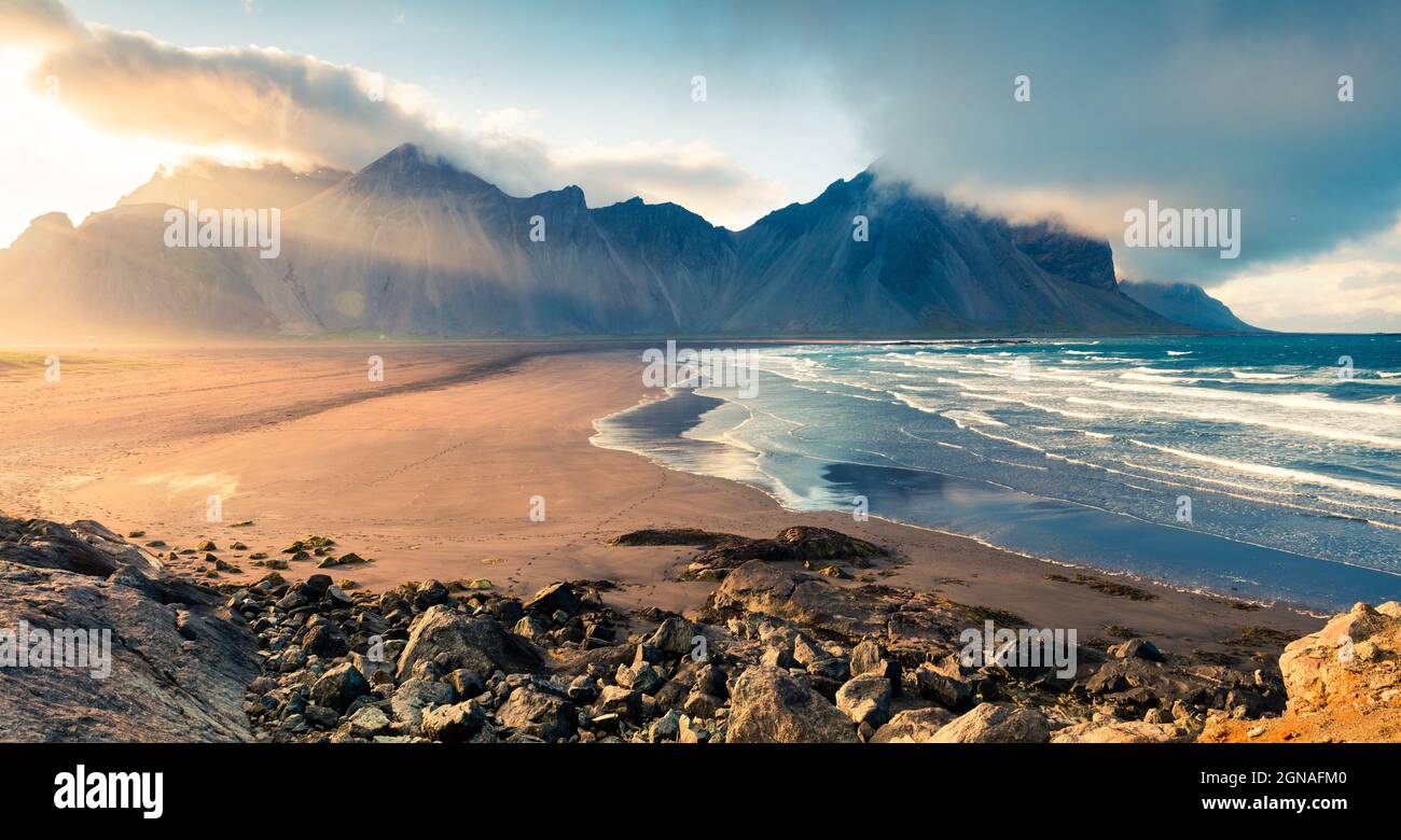 Colorful panorama of the Stokksnes headland on southeastern Icelandic ...