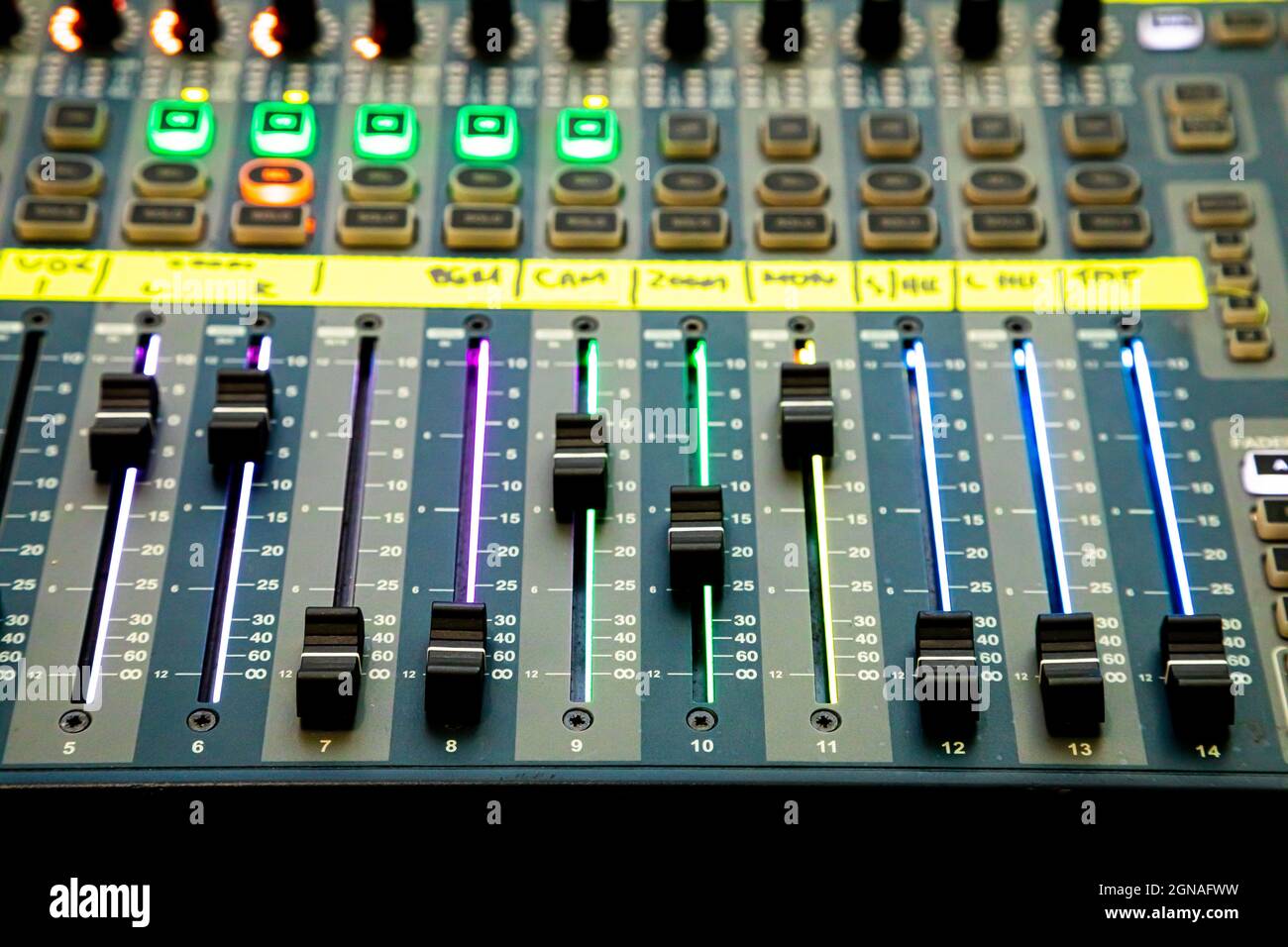 Close up of Sliders and buttons on Audio Mixing Desk at live event ...